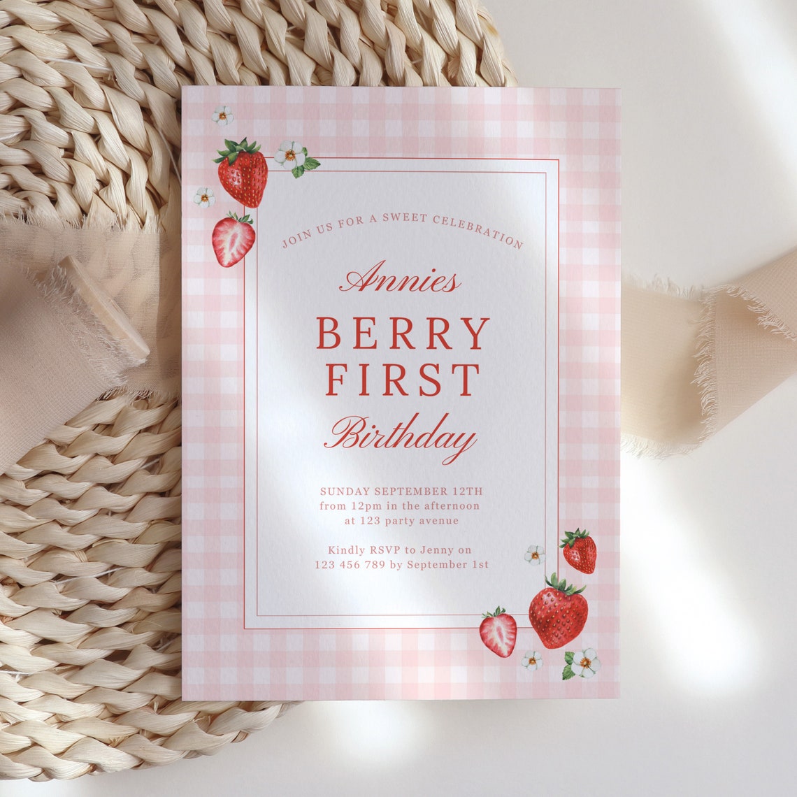 Berry First Birthday Invitation Template, Printable Strawberry 1st ...