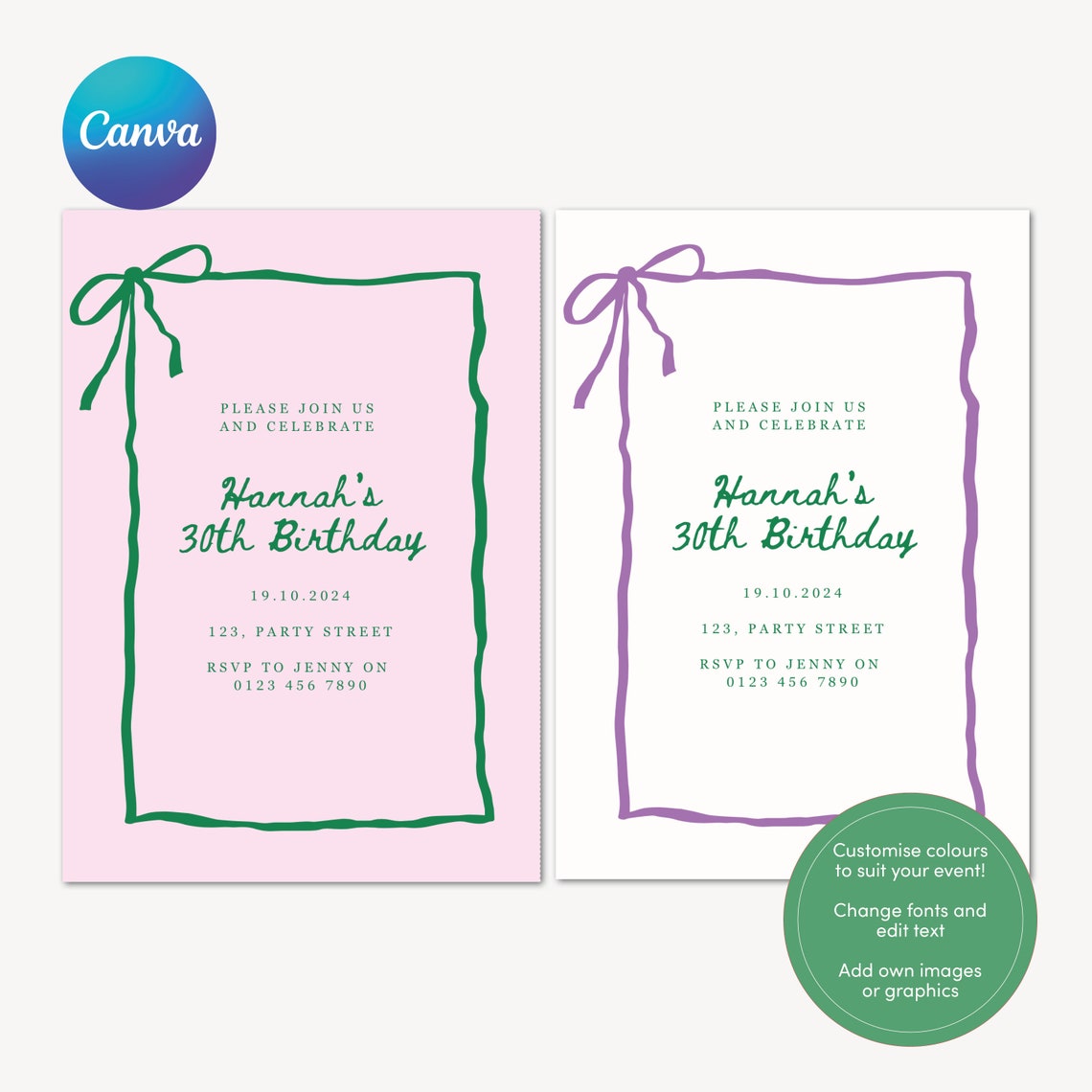 Editable 30th Birthday Invite, Modern 21st Birthday Invite, Ribbon Bow ...