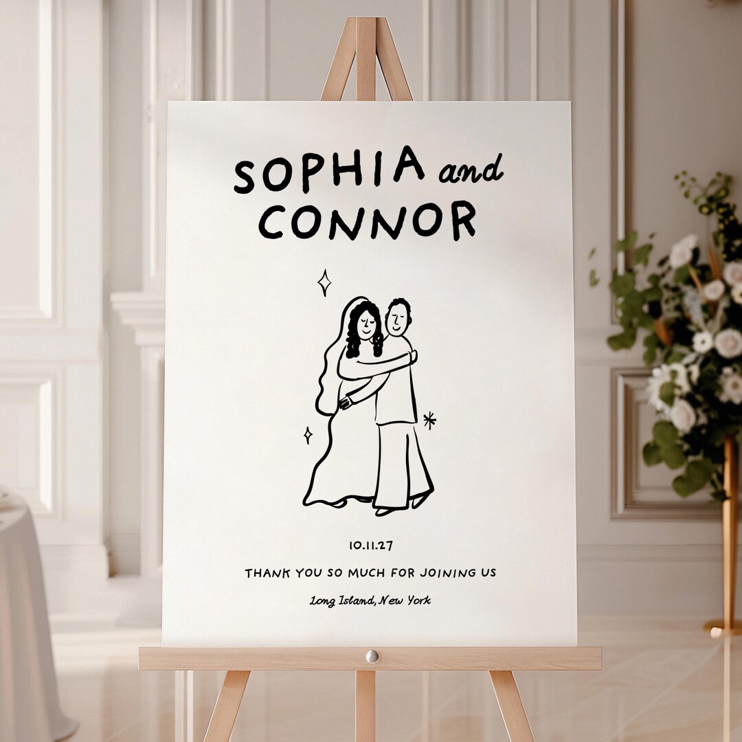 Illustrated Wedding Sign Hand Drawn Couple, Editable Welcome Sign ...