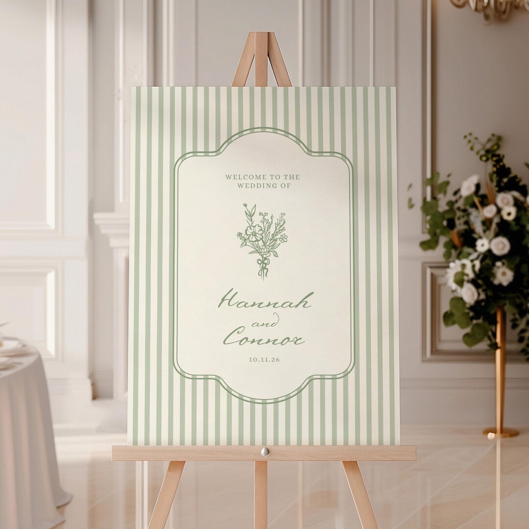 Sage Green Stripe Wedding Welcome Sign With Florals, Ceremony Easel ...