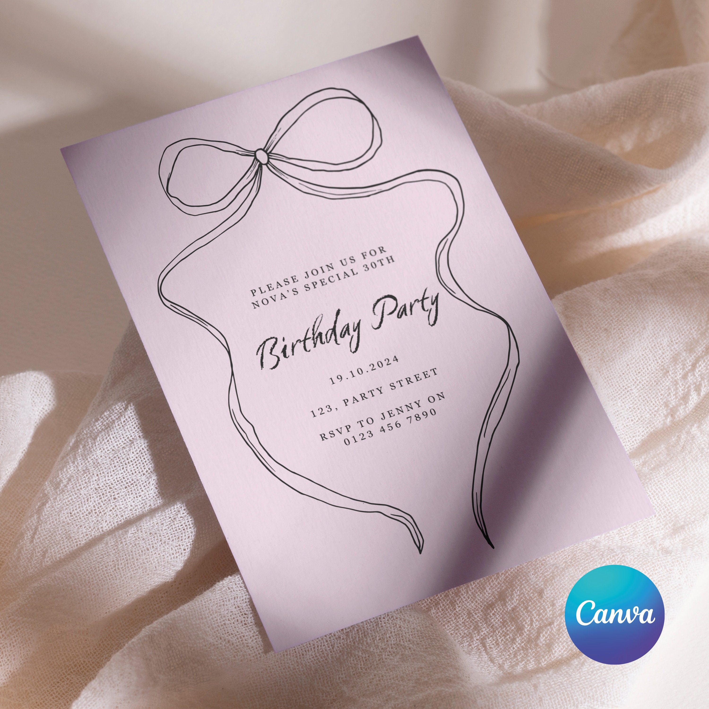 Editable Bow Birthday Party Invitation, Hand Drawn Ribbon Invitation ...