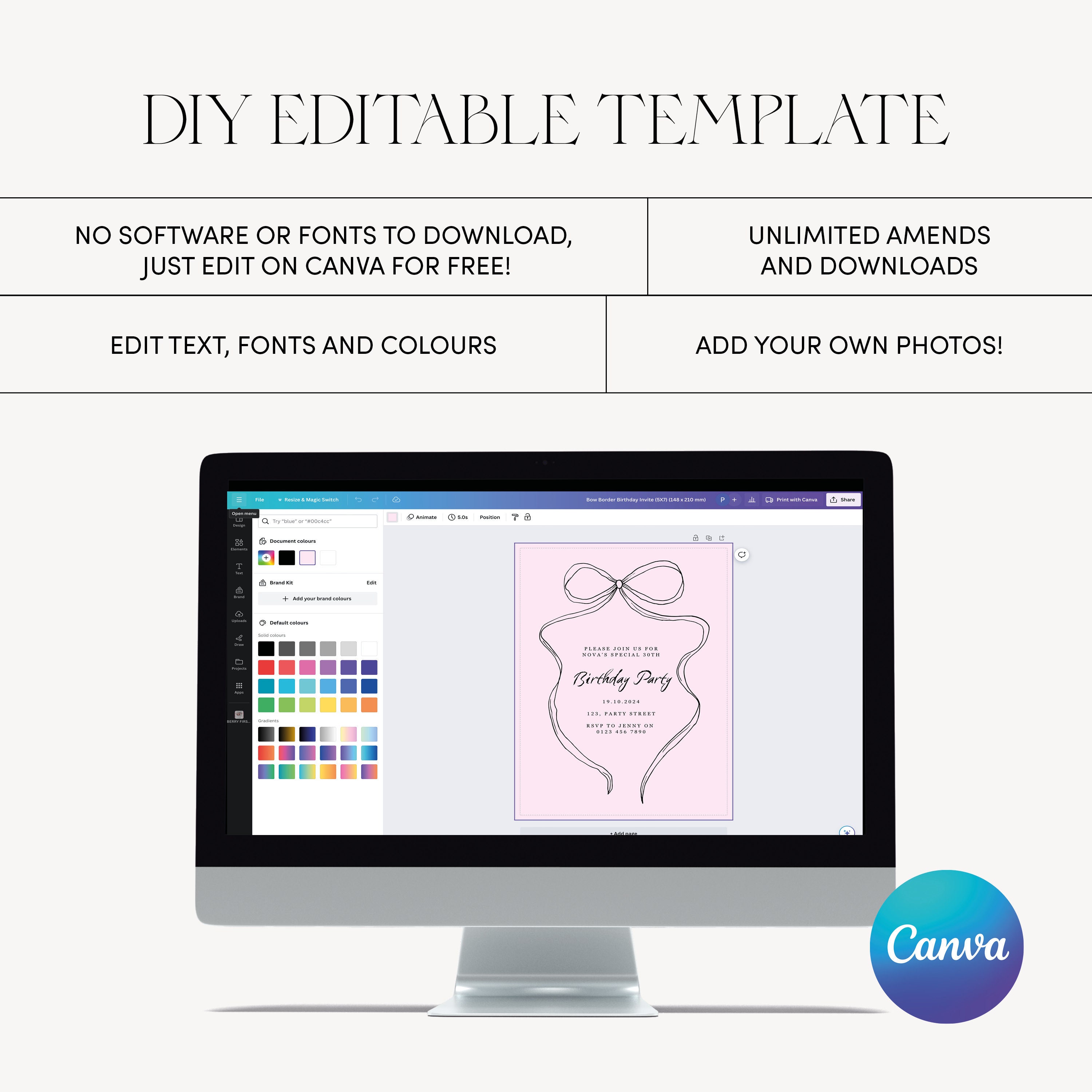 Editable Bow Birthday Party Invitation, Hand Drawn Ribbon Invitation ...