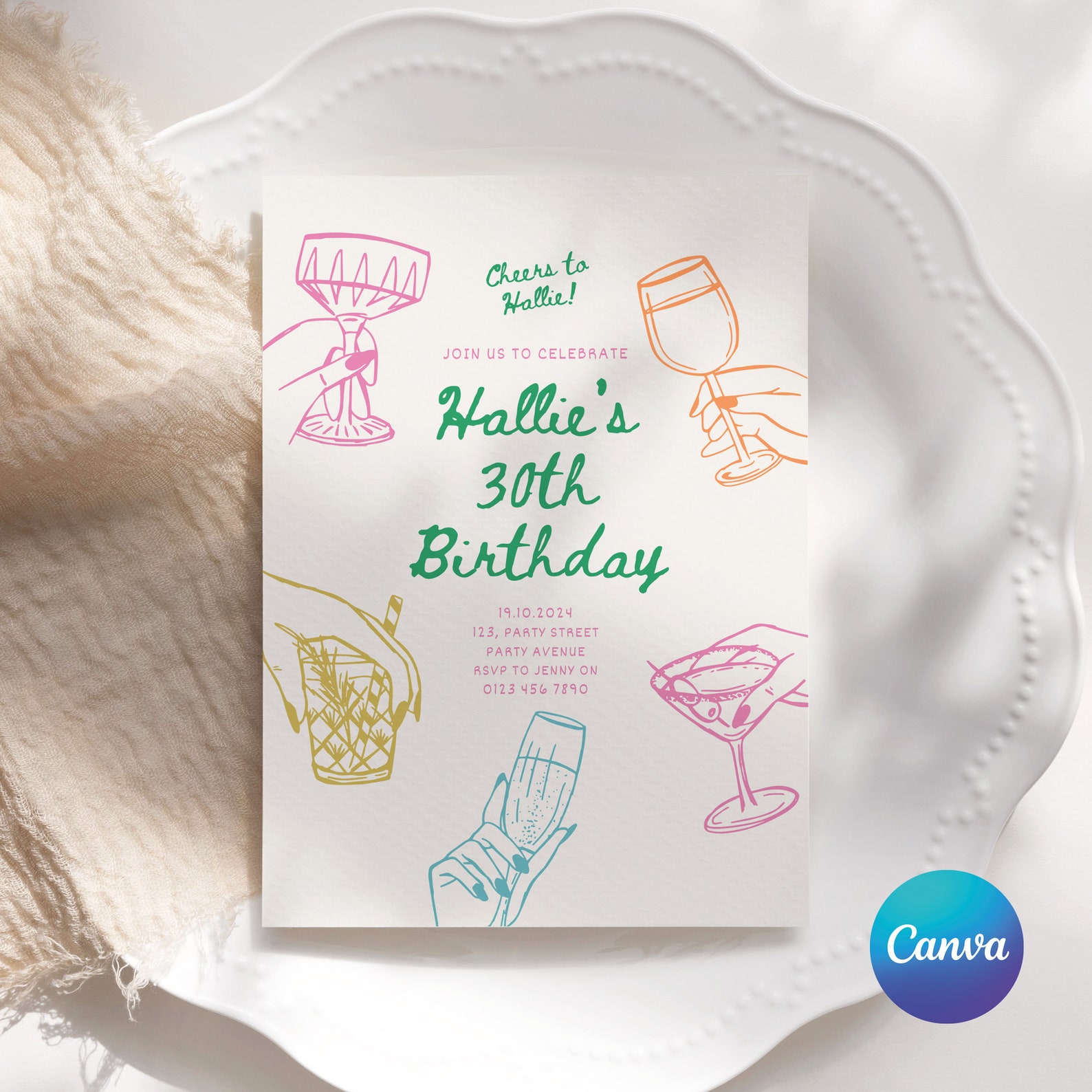 Editable Birthday Party Invitation Hand Drawn Scribble Cocktail ...