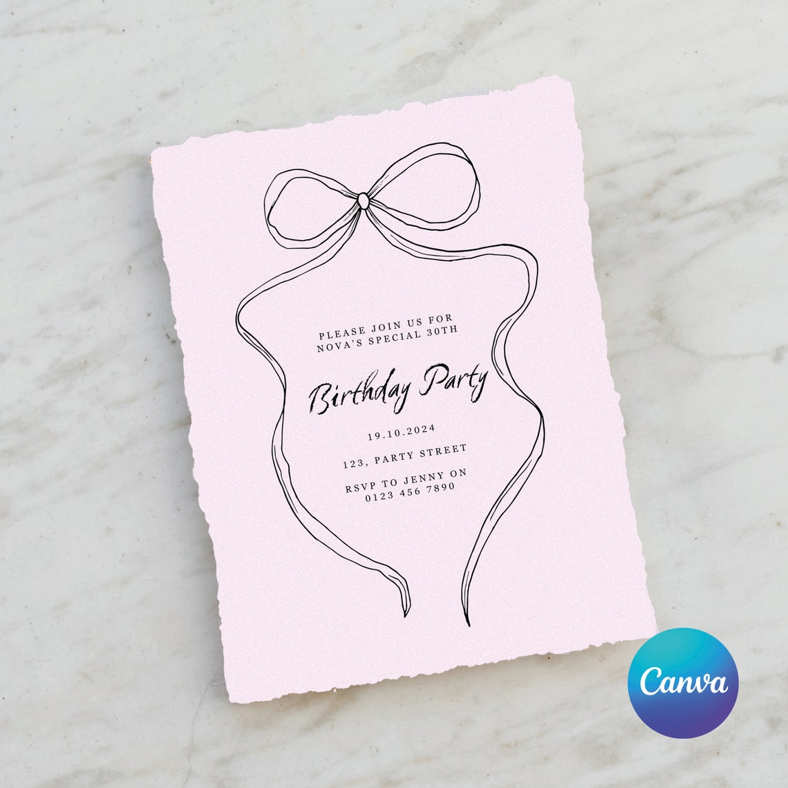 Editable Bow Birthday Party Invitation, Hand Drawn Ribbon Invitation ...
