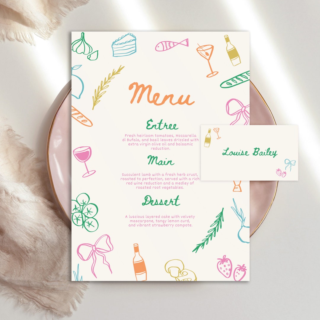 Menu and Place Card Template Hand Illustrated, Scribble Illustration ...