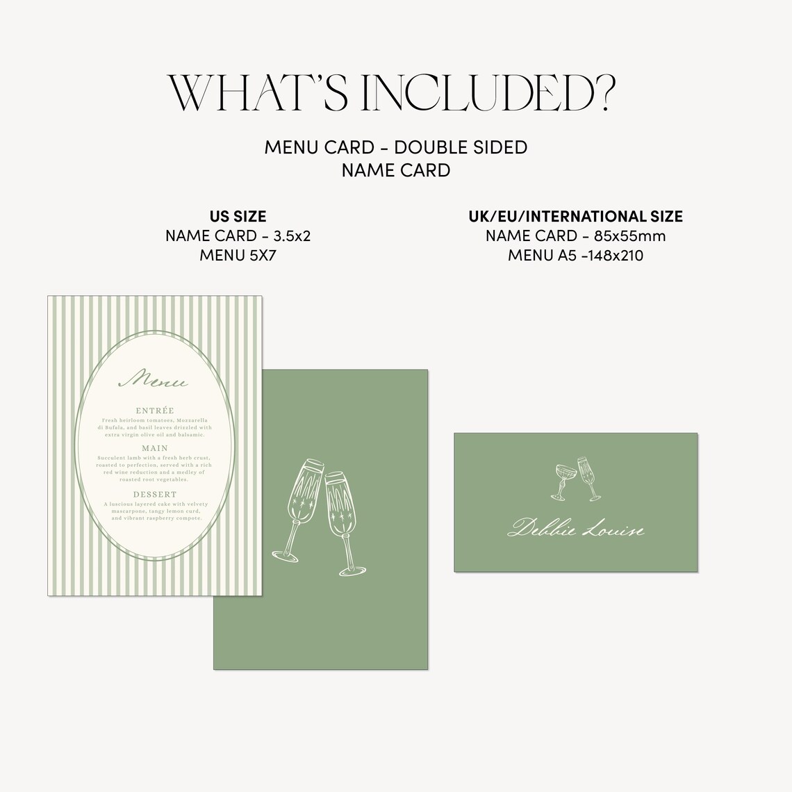 Green Stripe Menu and Place Card Template, Vintage Elegant Menu, Table ...