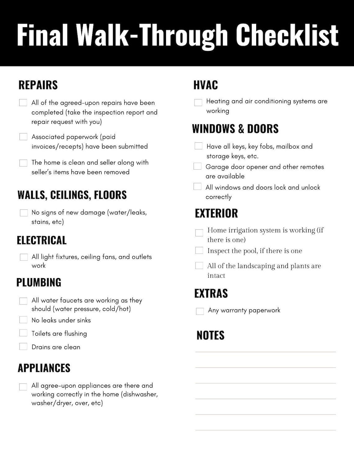 Final Walk Through Check List - Etsy
