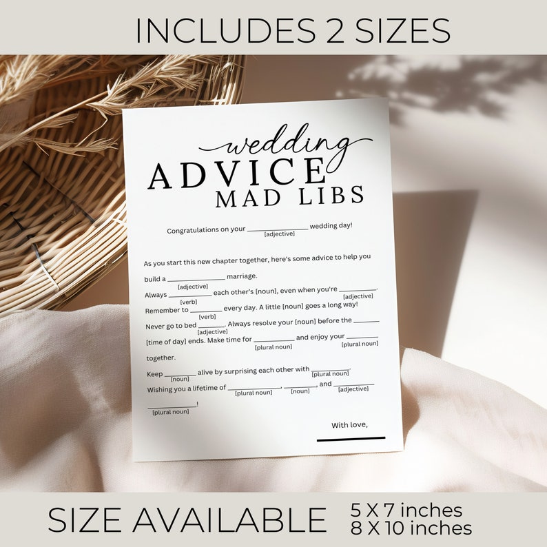 Wedding Advice Card Template, Wedding Mad Libs for Guest, Printable ...