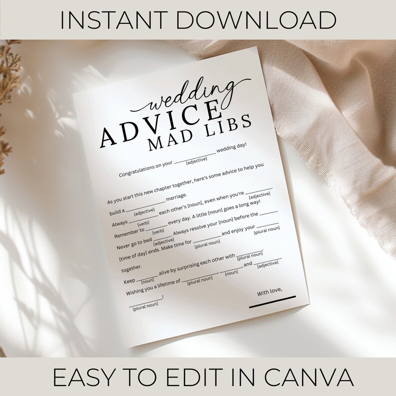 Wedding Advice Card Template, Wedding Mad Libs for Guest, Printable ...