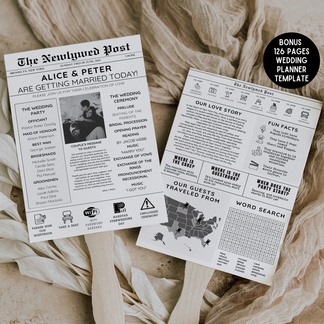 Modern Wedding Newspaper Fan Template, Wedding Program Printable ...