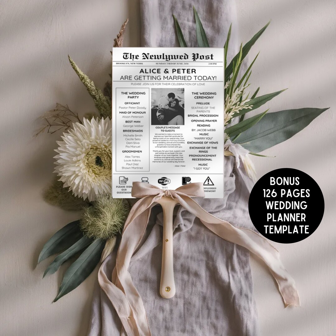 Modern Wedding Newspaper Fan Template, Wedding Program Printable ...