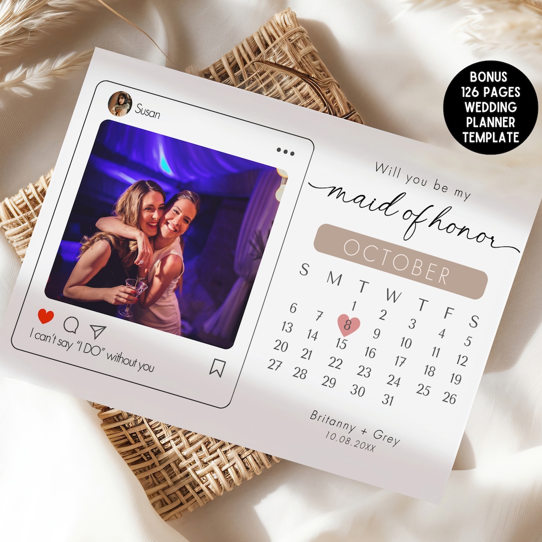 Bridesmaid Calendar, Bridesmaid Proposal Card Template, Printable Maid of Honor Card, Bridesmaid ...