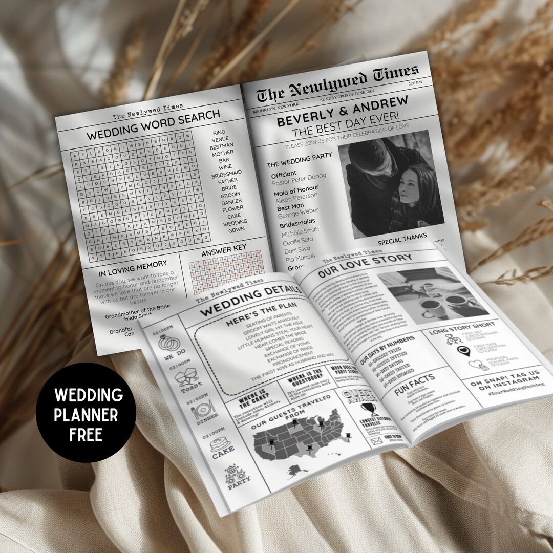 Newlywed Newspaper for Intimate Weddings, Modern Wedding Program Folded ...