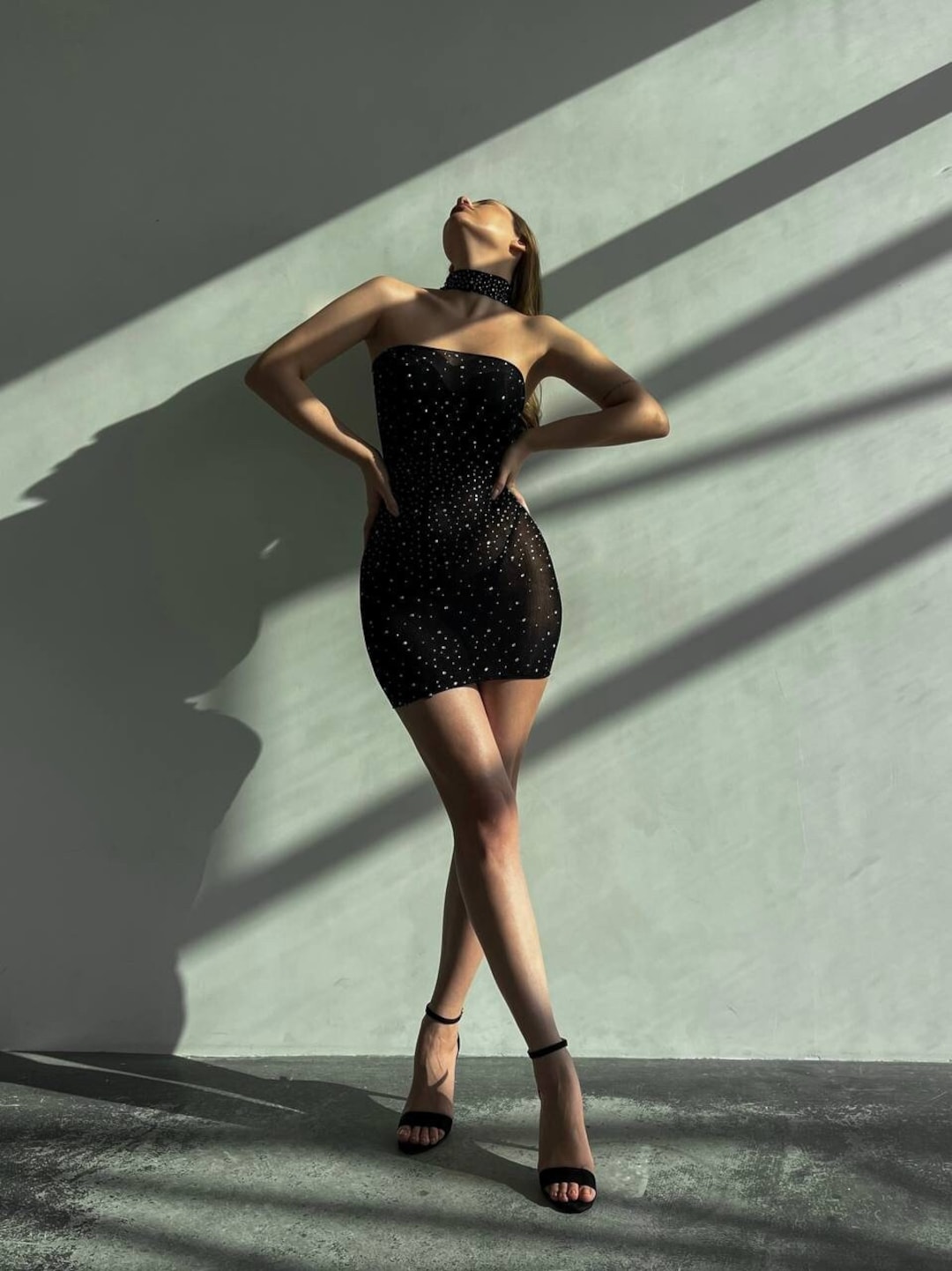 Black Short Mesh Dress With Rhinestones Party Sweatshirt Dress Long ...