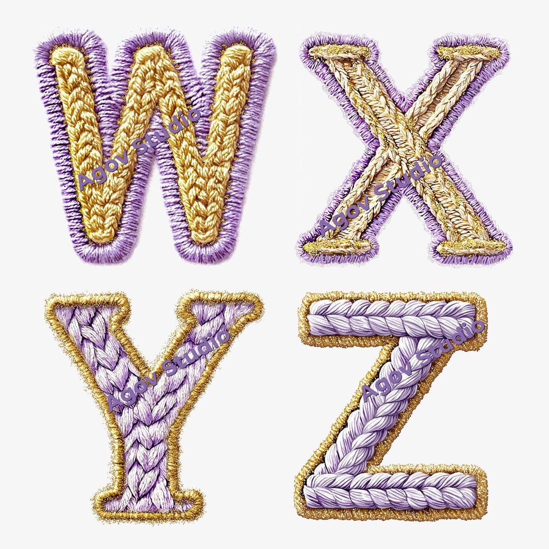 Purple and Gold Watercolor Alphabet Set: Knitted Letters, High ...