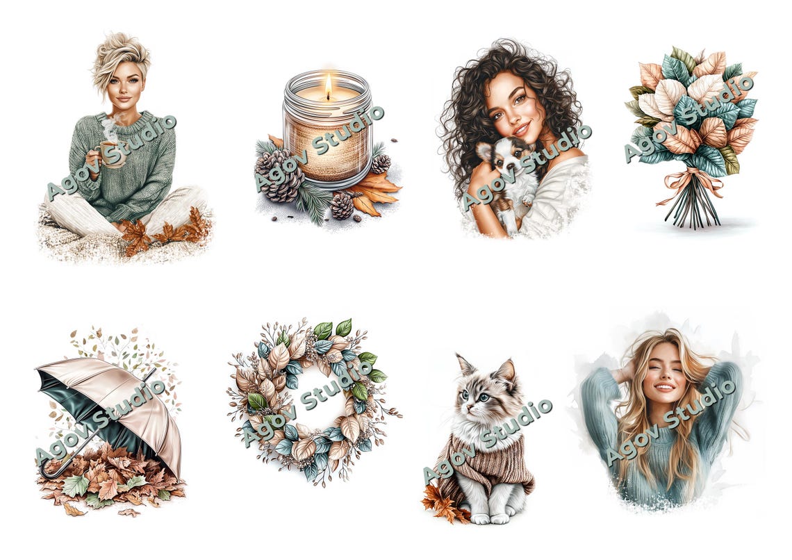 Cozy Autumn Watercolor Clipart Set: 72 High-resolution Fall Images, A4 ...
