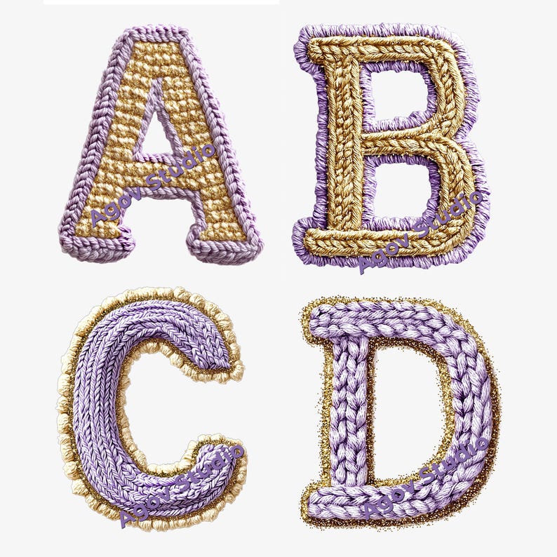 Purple and Gold Watercolor Alphabet Set: Knitted Letters, High ...