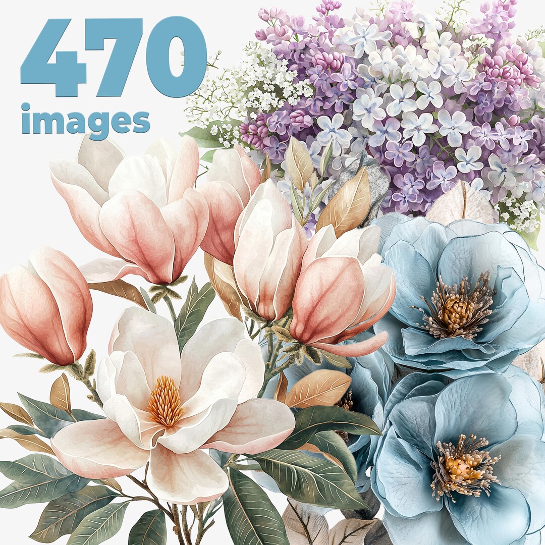 Watercolor Flowers Clipart Set: 470 Colorful Floral Images, A4 Prints ...