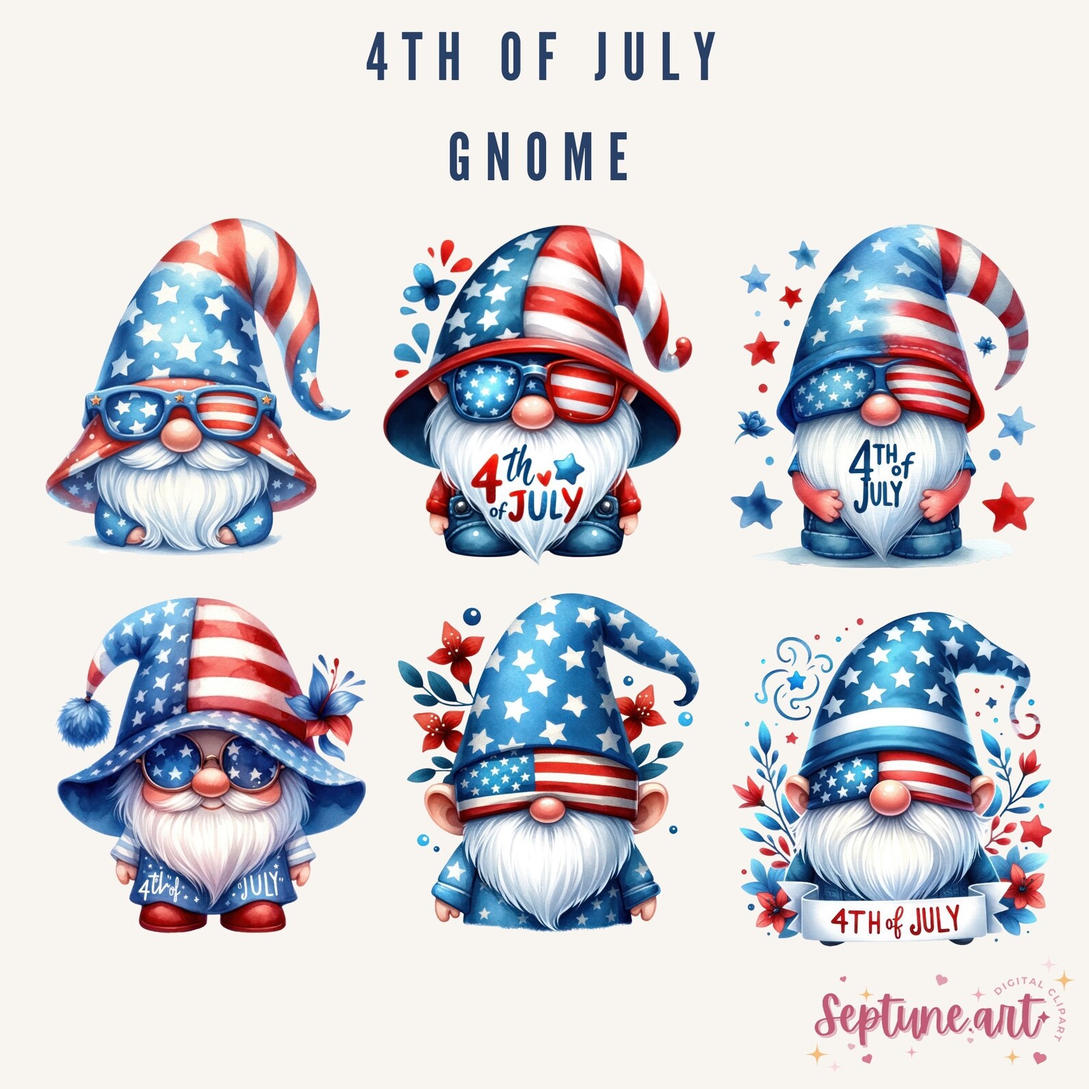 4th of July Gnome Clipart, Patriotic Gnome Clipart, Watercolor Clipart ...