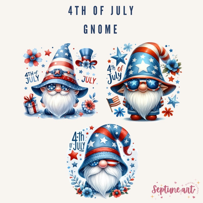 4th of July Gnome Clipart, Patriotic Gnome Clipart, Watercolor Clipart ...