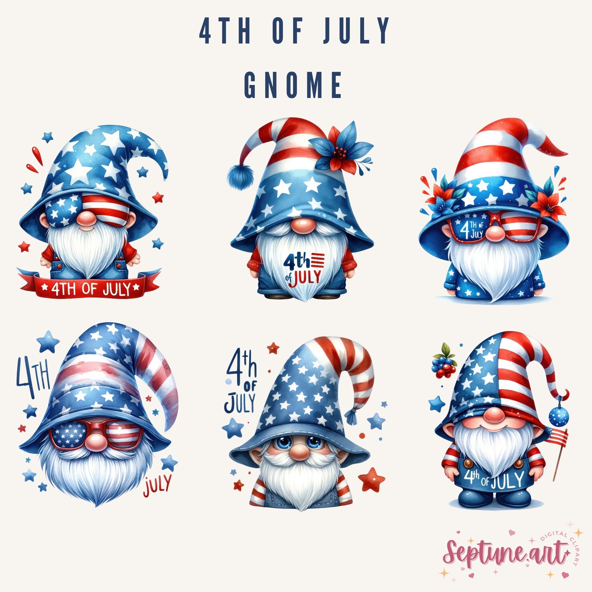 4th of July Gnome Clipart, Patriotic Gnome Clipart, Watercolor Clipart ...
