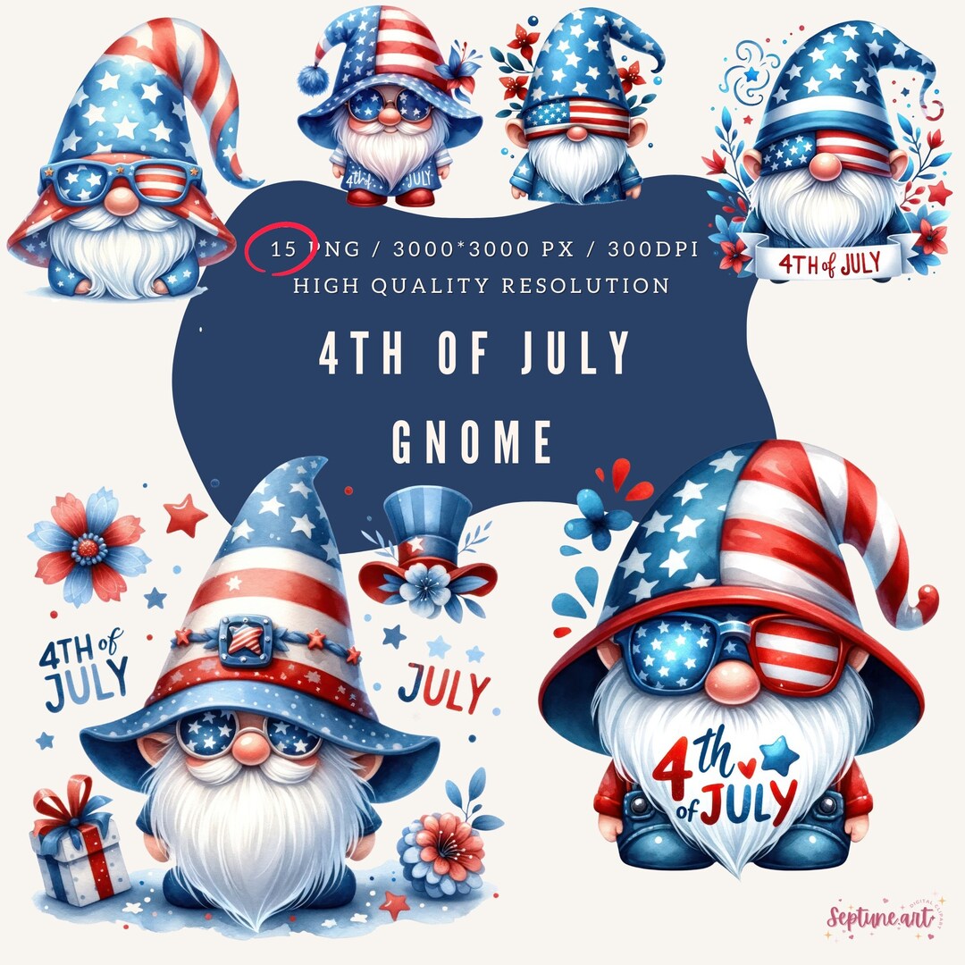 4th of July Gnome Clipart, Patriotic Gnome Clipart, Watercolor Clipart ...