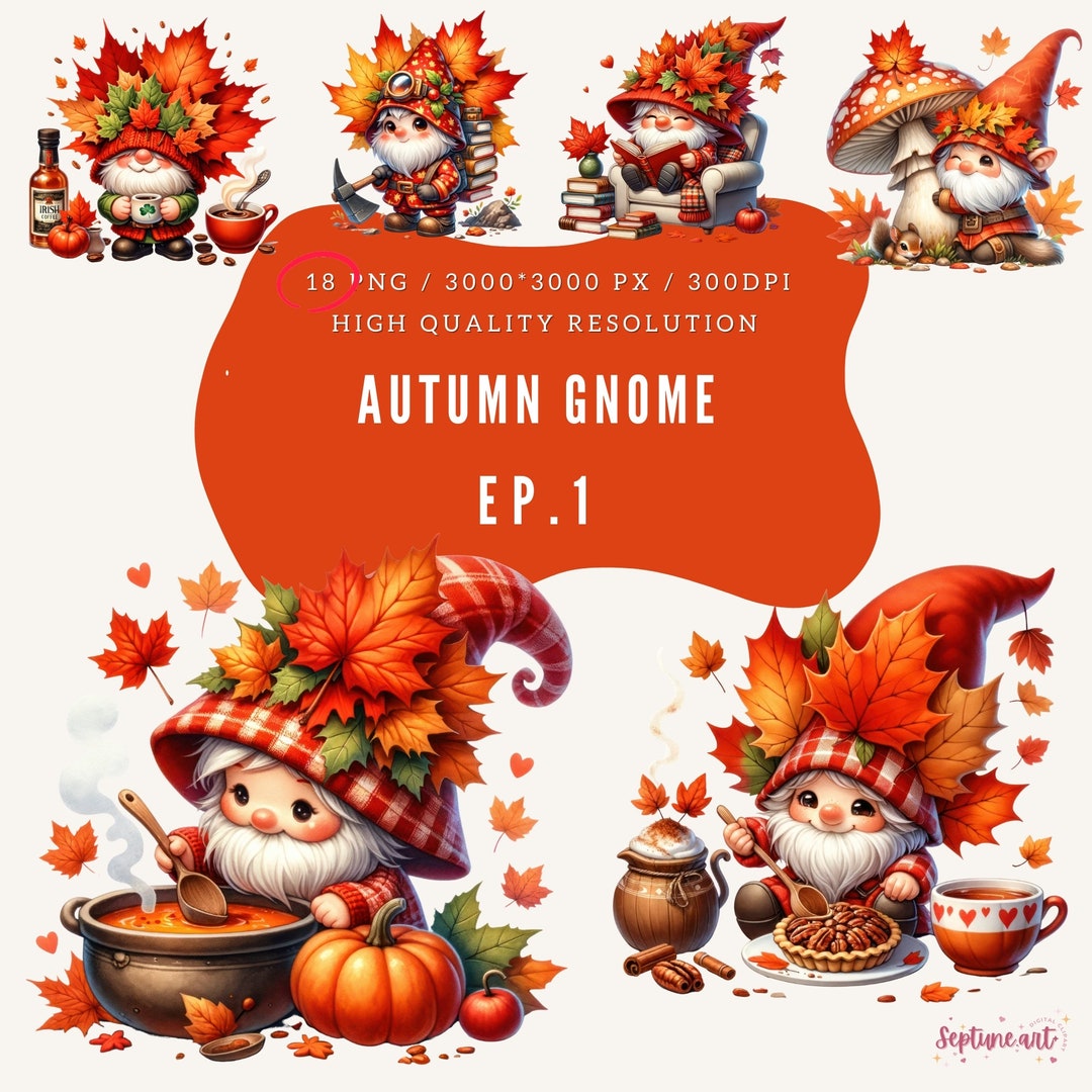 Watercolor Autumn Gnome, Gnome Clipart PNG Bundle, Autumn Gnome PNG ...
