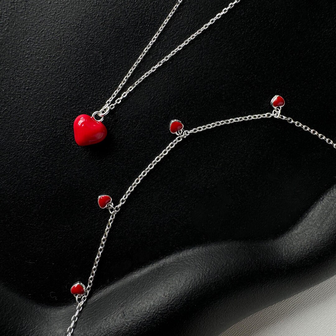 Red Heart Charm Jewelry Set, Tiny Red Heart Pendant Necklace, Cute Red ...