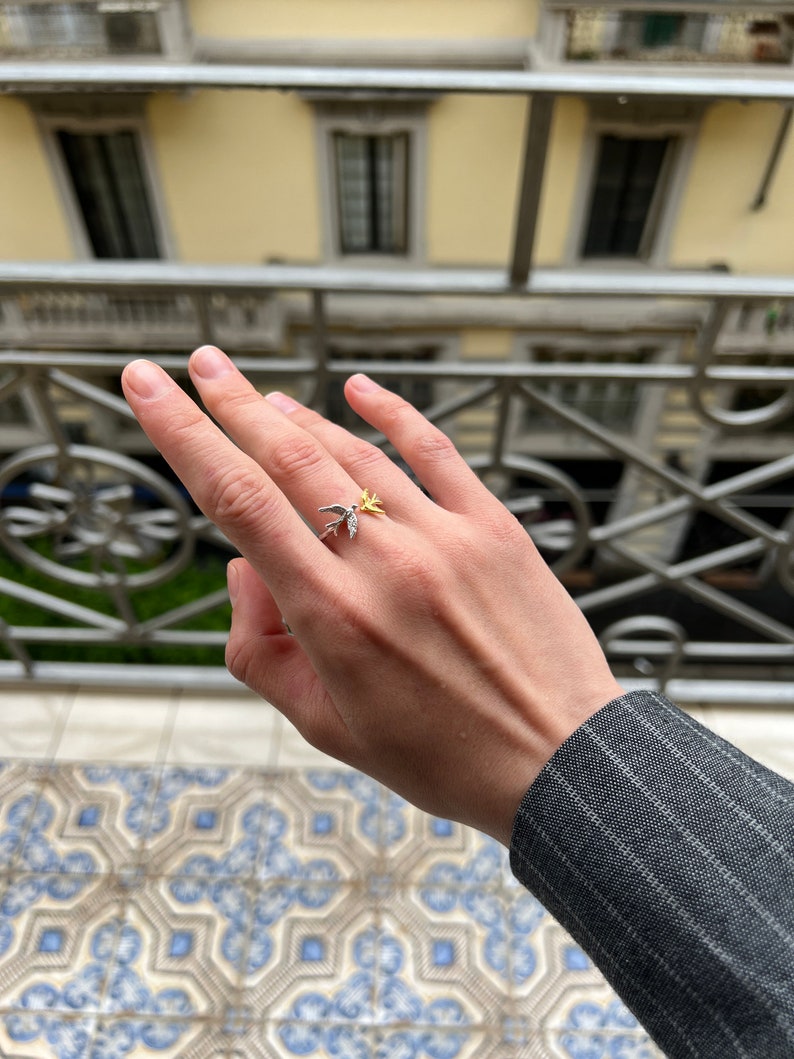 Swallow Ring, Adjustable Sterling Silver Ring With Gilding, Tiny Birds Ring, Open Ring, Ring ...