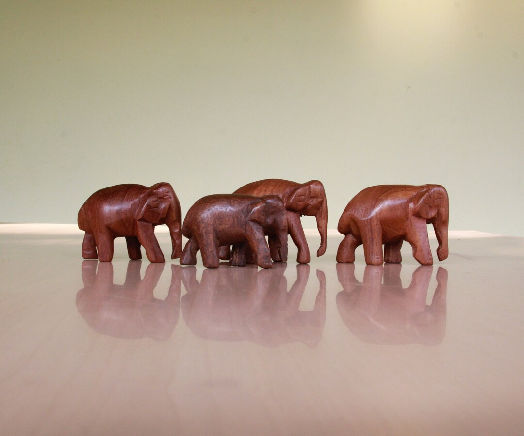 Teak Wood Elephant Figurine Set, 4 Carved Thai Elephants, Elephant ...