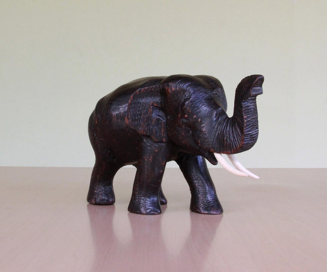 Carved Wood Elephant, Dark Trunk up Thai Elephant, Teak Wood Elephant ...