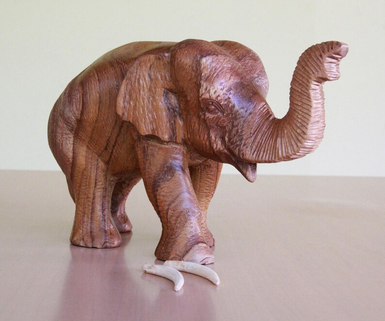 Carved Wood Elephant, Brown Trunk up Thai Elephant, Teak Wood Elephant ...
