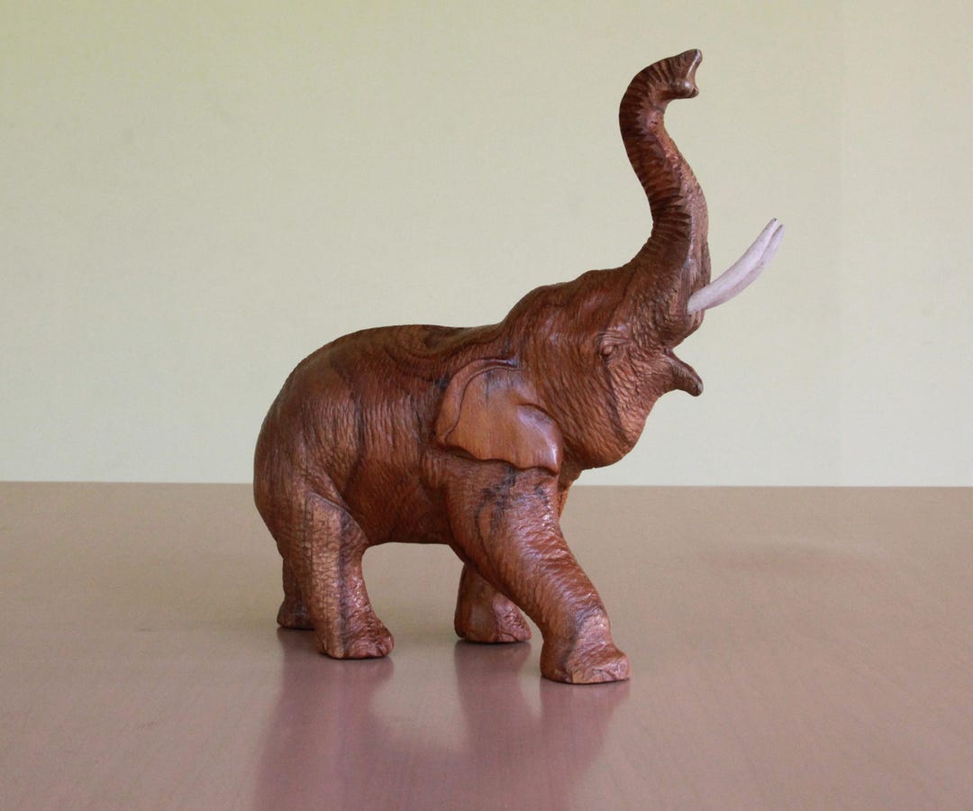 Carved Teak Wood Elephant Figurine, Brown Trunk-up Thai Elephant, Wood ...