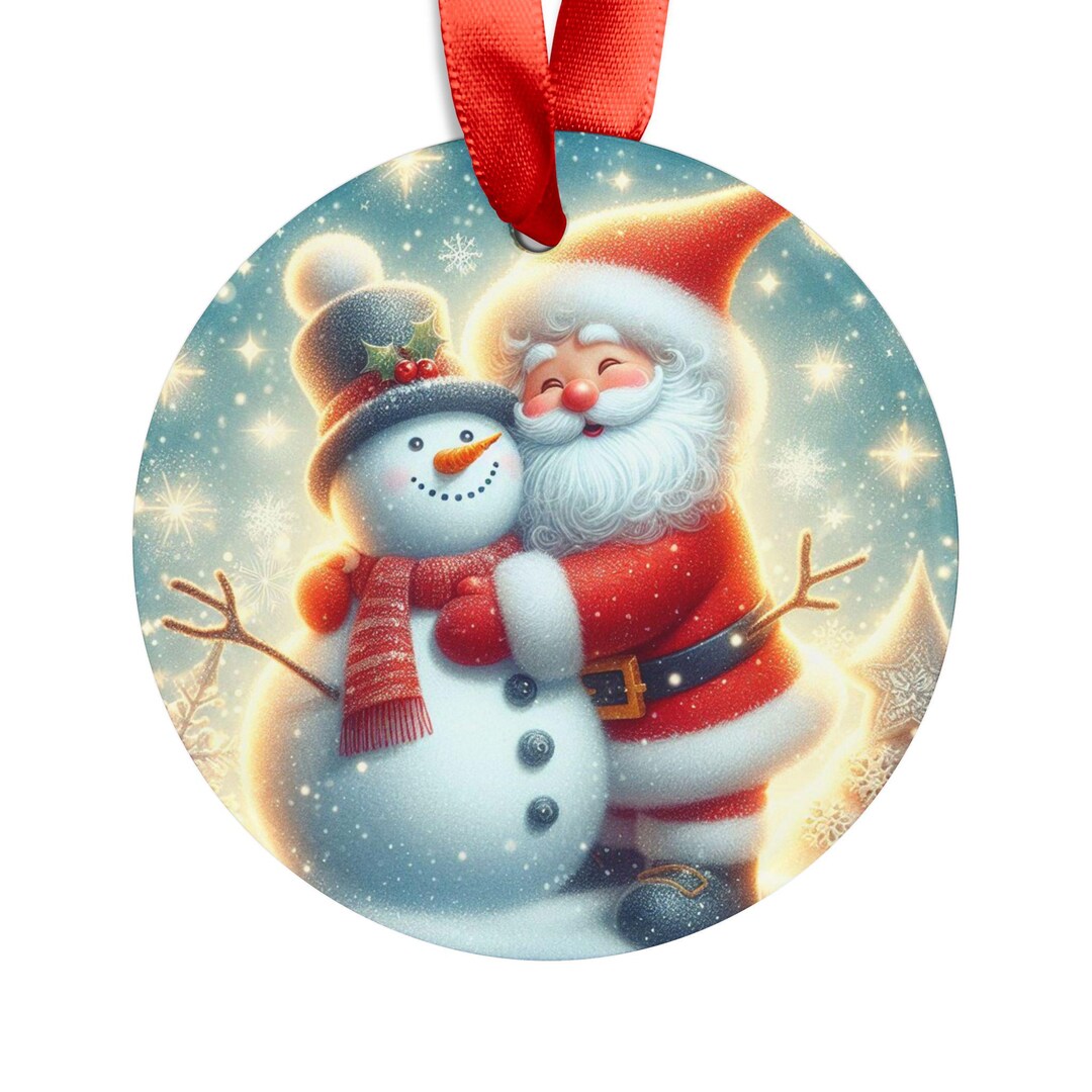 Santa Hugging Frosty the Snowman Acrylic Ornament With Ribbon - Etsy