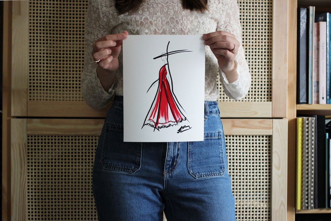 Fashion Model in Red Dress Art Print - Bold Abstract Dress Sketch Wall ...