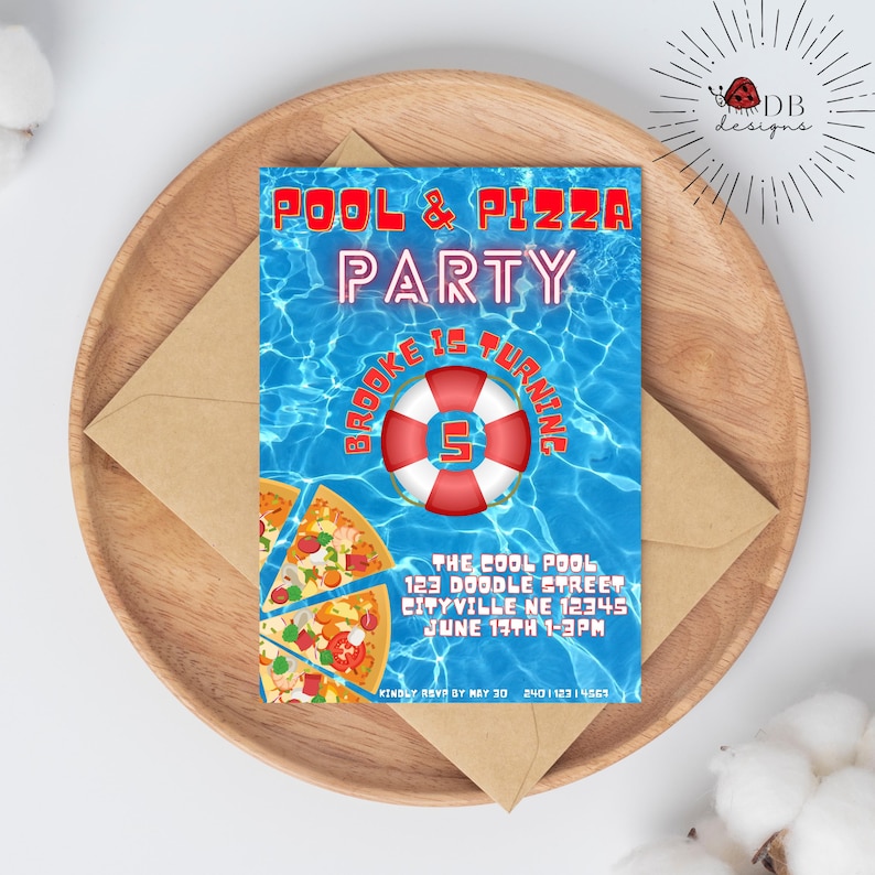 Pool and Pizza Birthday Party Invitation Template - Etsy