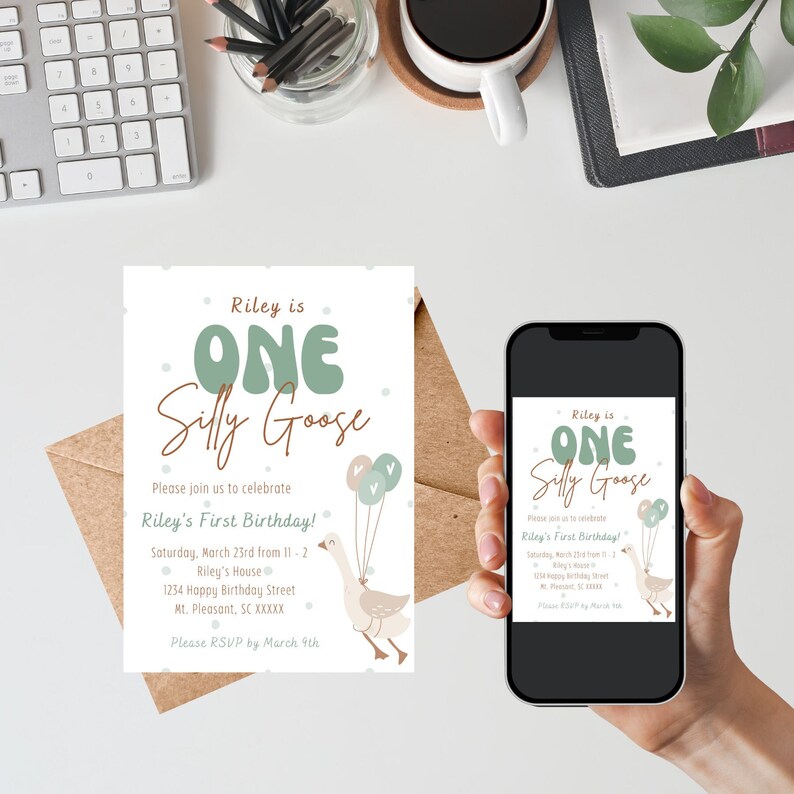 EDITABLE One Silly Goose Birthday Invitation, Gender Neutral 1st ...