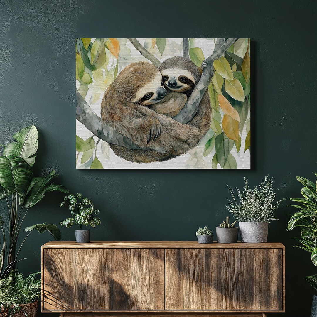 Sloth Canvas Wall Art Cute Mother Baby Sloths on Tree Nature Kids Room ...
