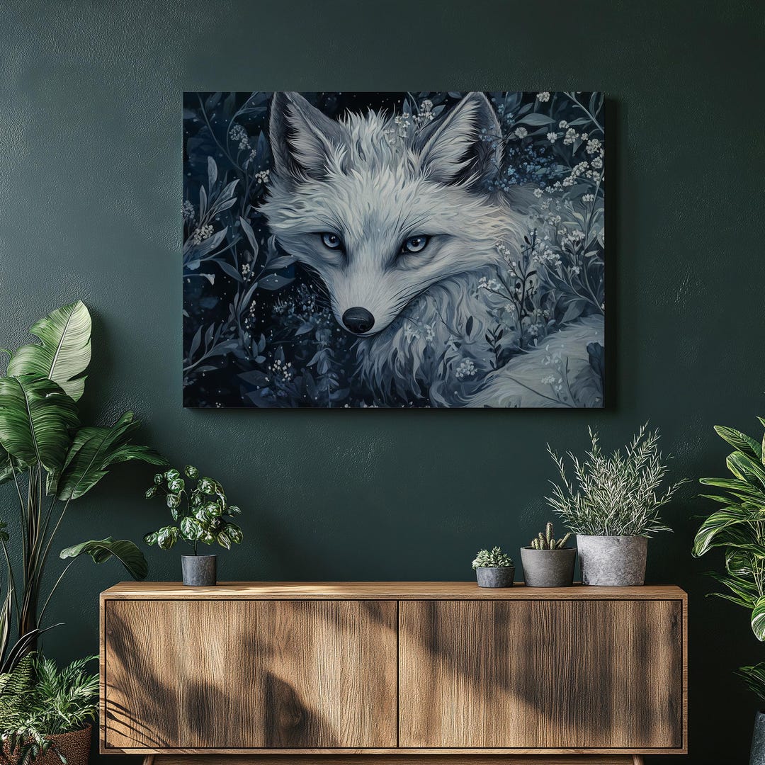 Serene Arctic Fox Canvas Wall Art Print – Floral Wildlife Painting and ...
