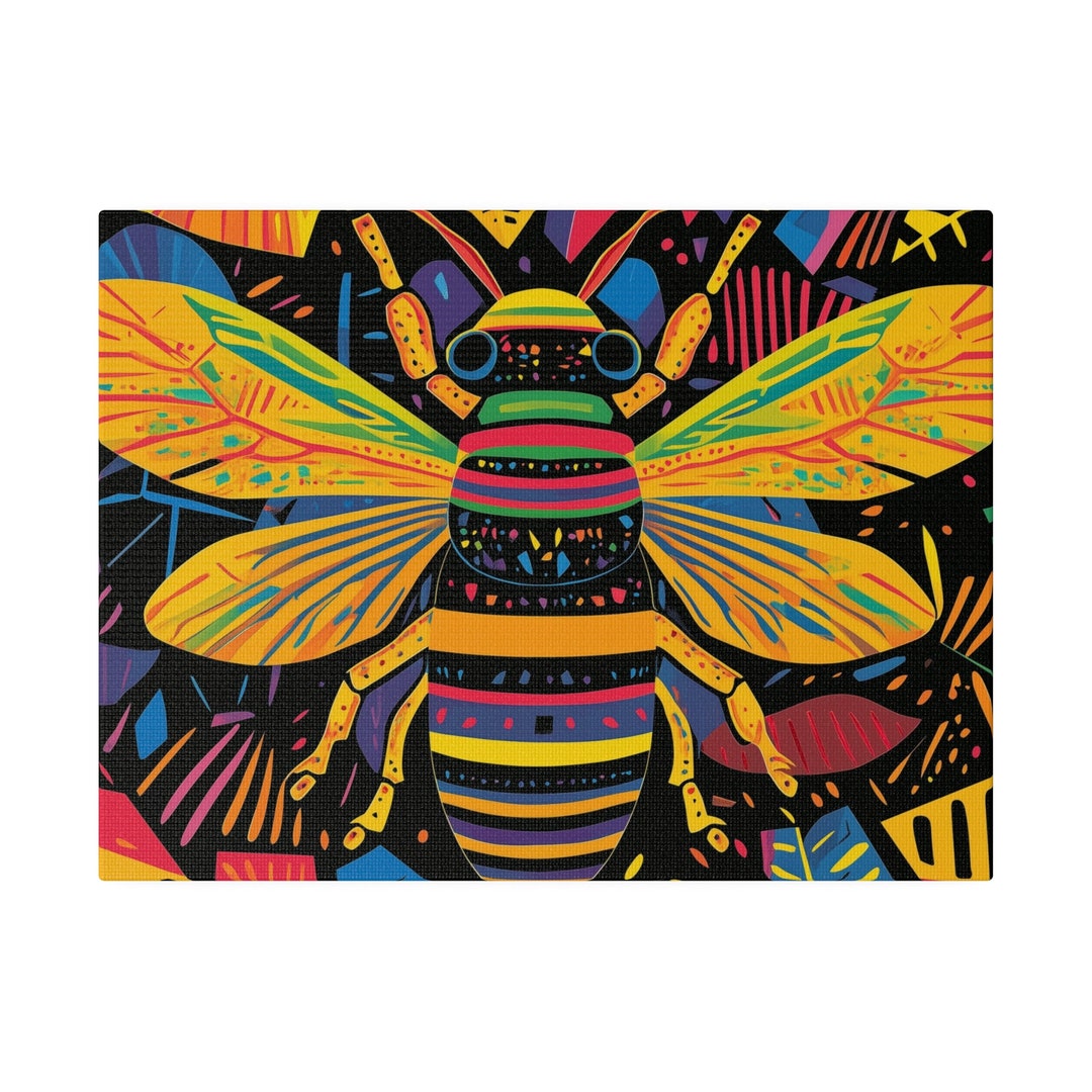 Bee Canvas Wall Art Vibrant Geometric Bee Patterns Linocut Technique ...