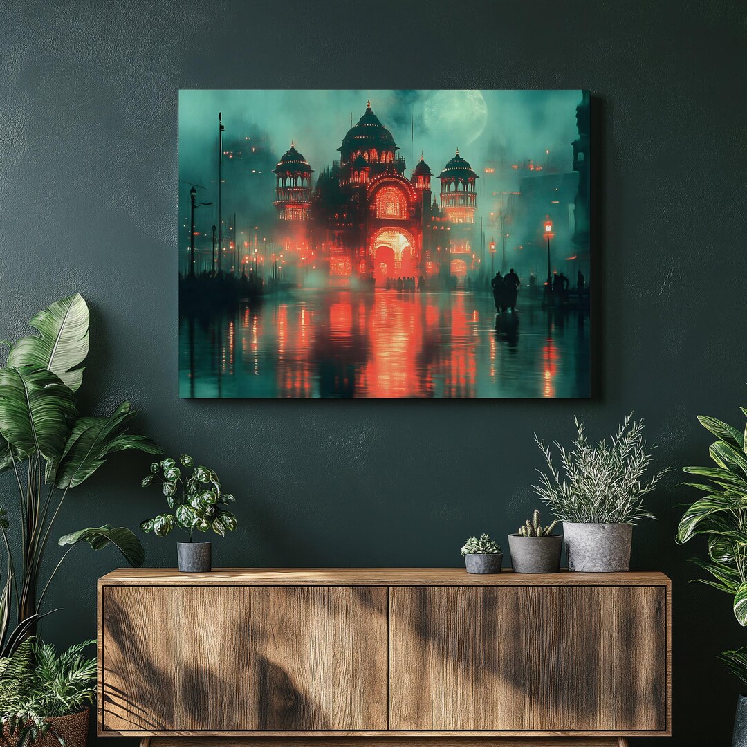 Neon Palace Cityscape Canvas Wall Art – Moonlit Urban Fantasy Print for ...