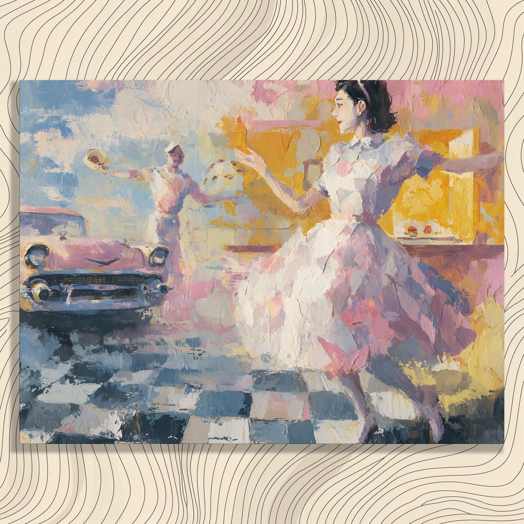 1950s Diner Canvas Wall Art - Carhop and Classic Car by Jukebox Window ...