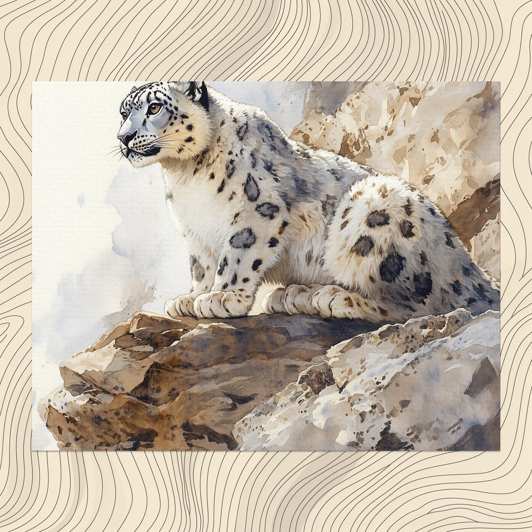 Snow Leopard Canvas Wall Art, Watercolor Painting on Rocky Ledge ...