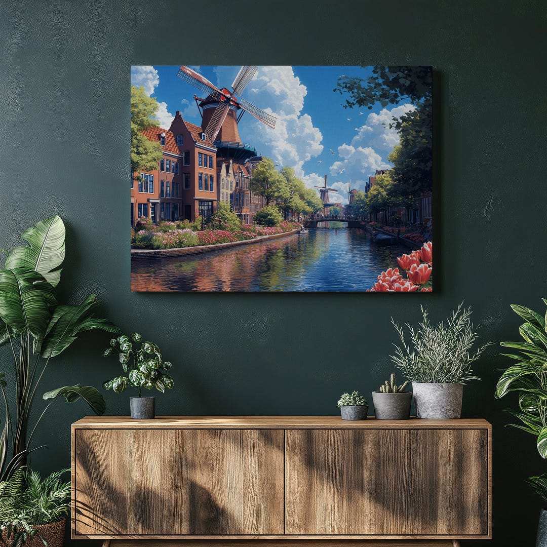 Netherlands Canvas Wall Art, Amsterdam Canals With Windmills Tulip ...