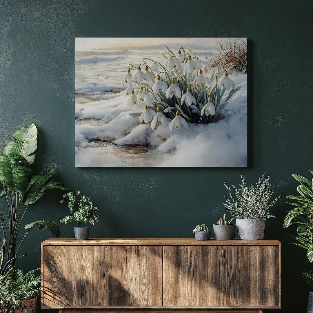 Snowdrop Hope Canvas Wall Art - Watercolor Snowdrops Through Snow ...