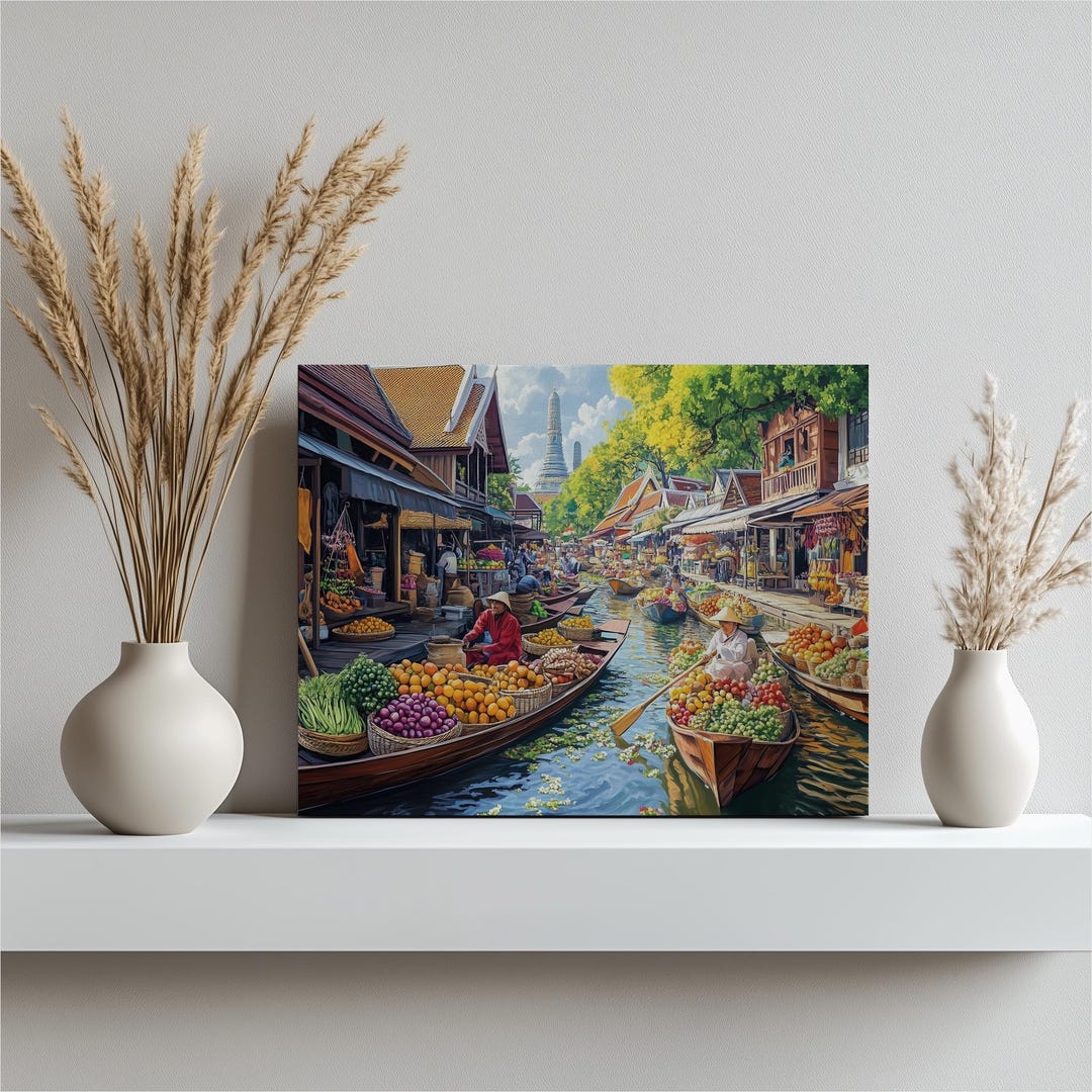 Thailand Floating Market Canvas Art Print, Vibrant Wall Painting Decor ...