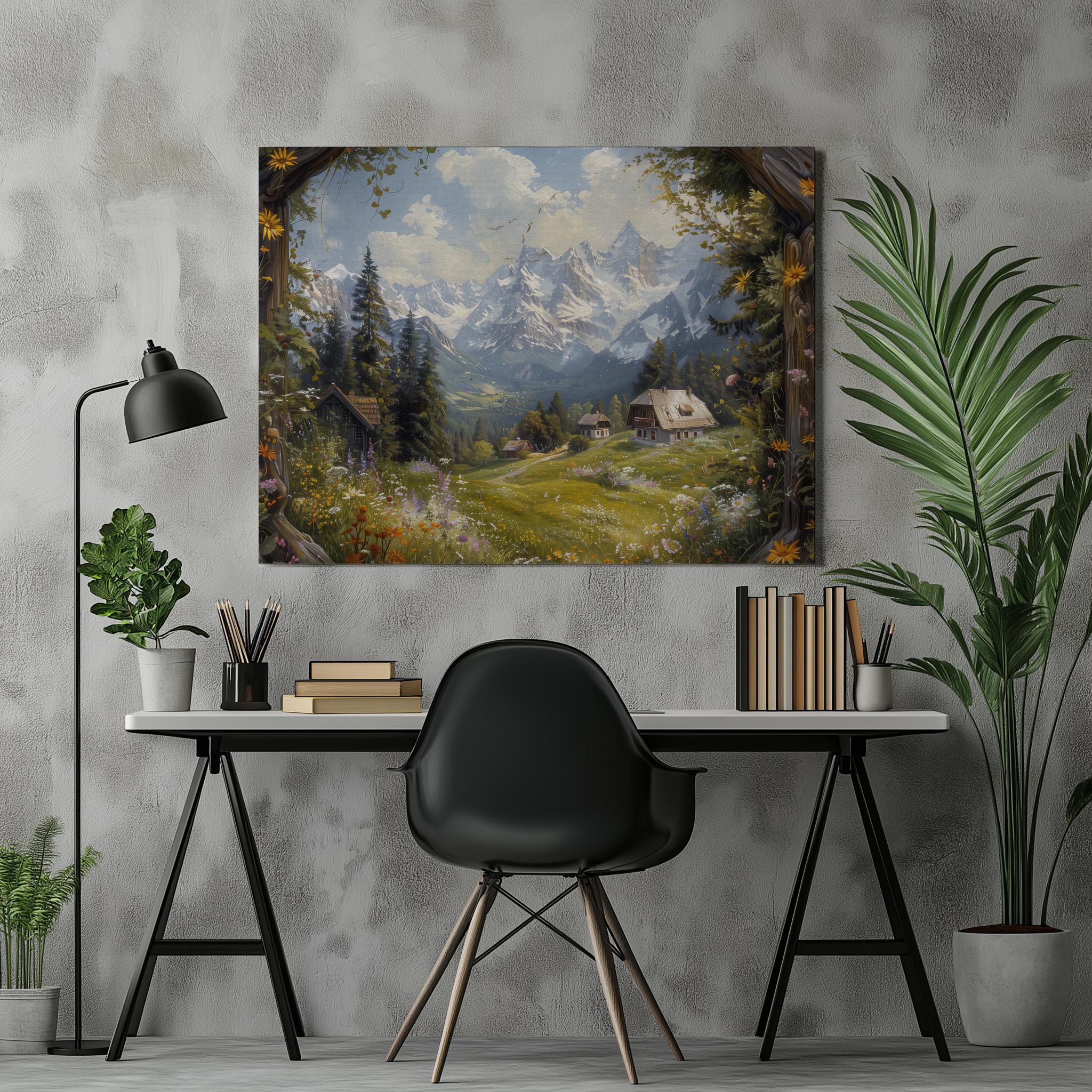 Swiss Alps Canvas Wall Art, Snow Peaks and Meadows Painting for Living ...