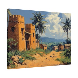 Togo Village Art, Mud Houses Landscape Artwork, Palm Tree Painting ...