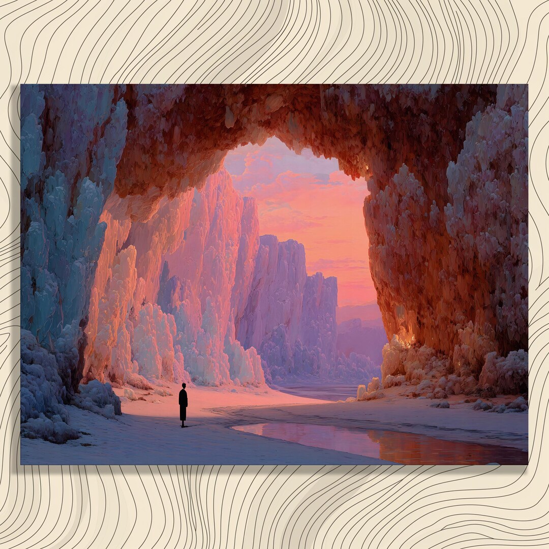 Ice Cave Sunset Canvas Wall Art – Surreal Frozen Cavern Pastel Hues ...