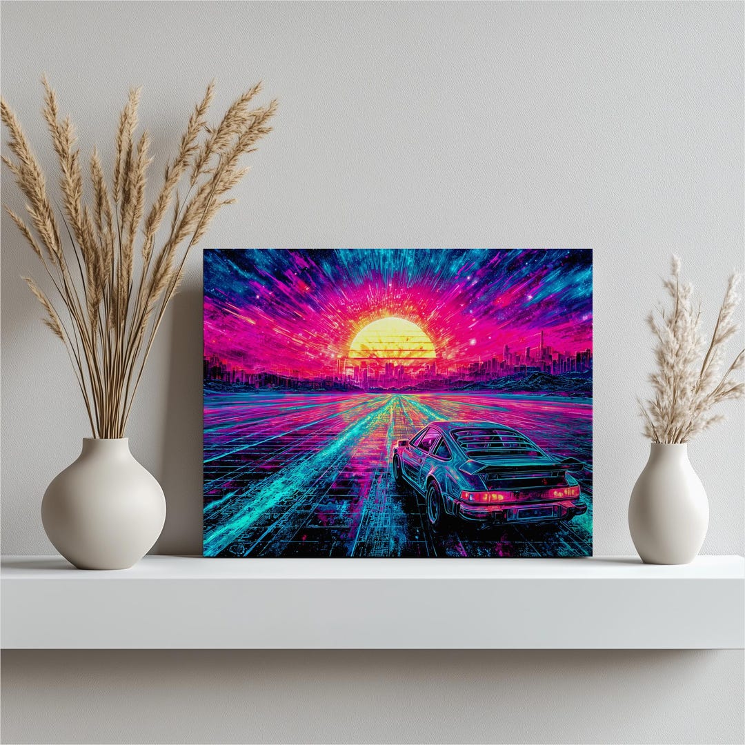 Retro Synthwave Car Canvas Wall Art - Neon City Sunset Highway Print ...
